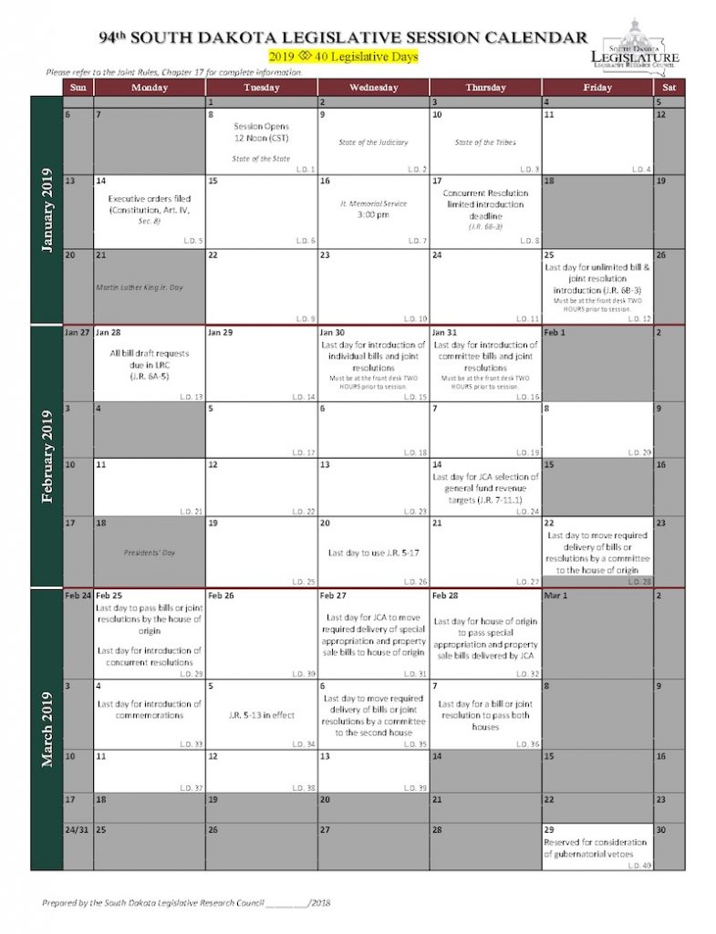 2019 Session to Run 40 Days, Ten Weeks, with Later Veto Day – Dakota ...